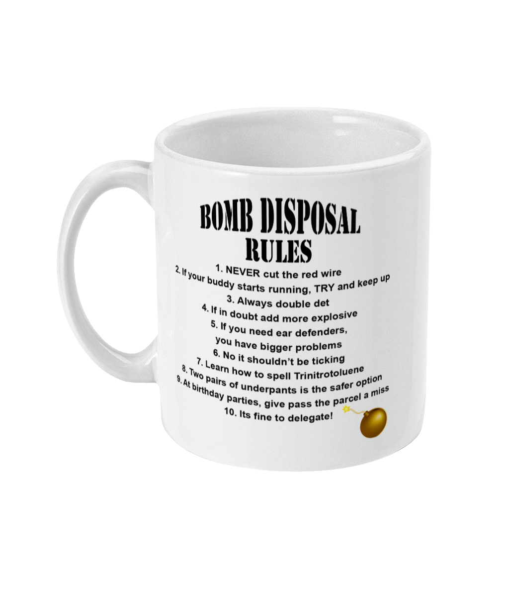 11oz Mug - Bomb Disposal Rules - Black Text – Divers Gifts
